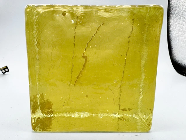 VINTAGE YELLOW AMBER Art Glass Square Block Paperweight Heavy Display ...