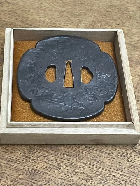 JAPANESE SWORD TSUBA Tsuba, iron base, Nobuie's inscription, large ...