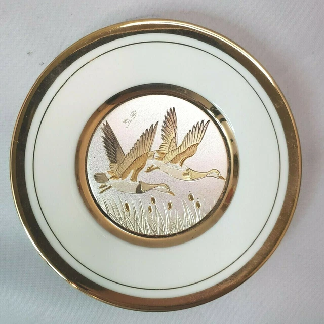 ART OF CHOKIN Mini Plate Ducks Flying over a Field Japan 24K Gold Edged ...