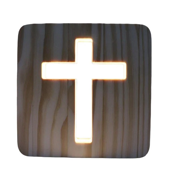 3D HOLLOW CARVED Cross LED Lamp Solid Wood USB Night Light for Home ...