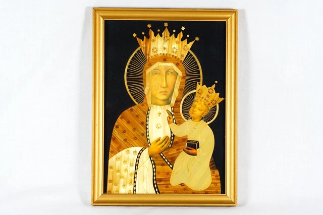 POLISH CATHOLIC RELIGIOUS Icon Mary & Jesus Inlaid Straw Wood Framed ...
