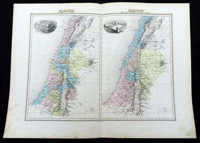 ANTIQUE MAP OF Israel Jerusalem Second Jewish First Temple Judaica ...