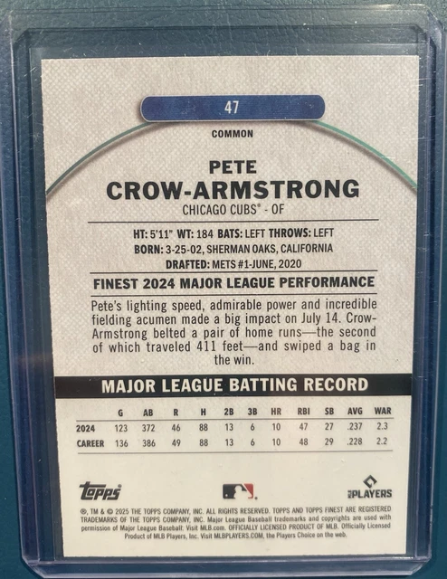 2025 TOPPS FINEST - Common Pete Crow-Armstrong #47 Magenta Refractor ...