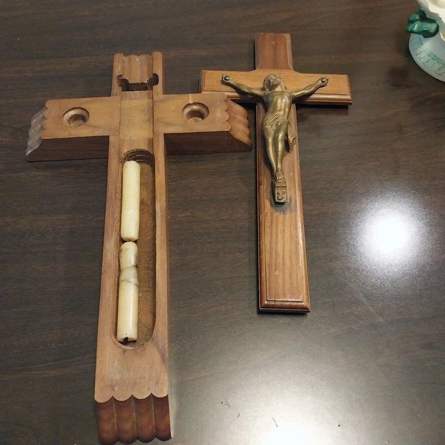 ART DECO WOODEN Crucifix Cross w/ Hidden Compartment Candles Last Rites ...