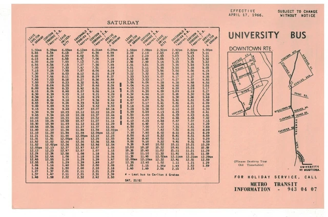 1966 WINNIPEG CANADA Bus Schedule and Route Map Sargent £11.78 ...
