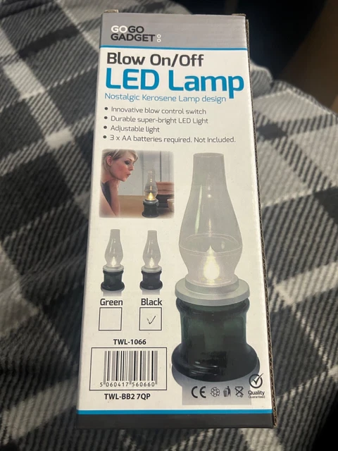 LED KEROSENE STYLE BLOW ON/OFF LAMP 3 x AA BATTERIES TORCH HOME NIGHT ...