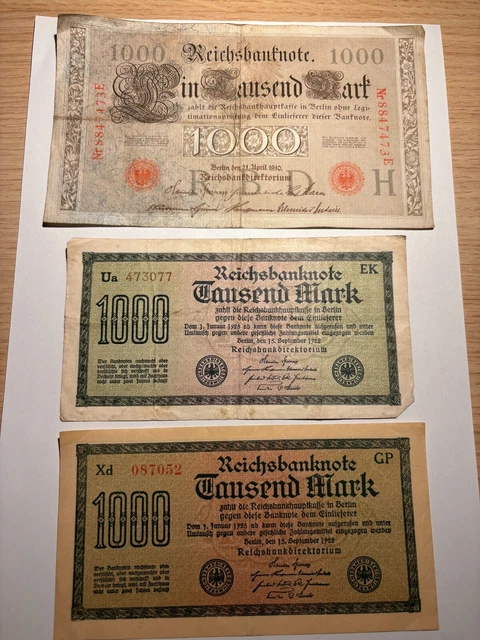 3 GELDSCHEINE BANKNOTEN Reichsbanknote Ein Tausend Mark April 1910 Sept ...