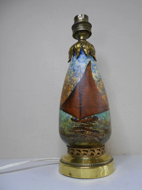 ANCIEN PIED LAMPE signé Louis DAGE art deco bronze céramique bateau ...