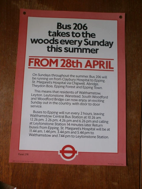 LONDON TRANSPORT BUS Stop Timetable Panel Poster-Route 206 to Epping ...