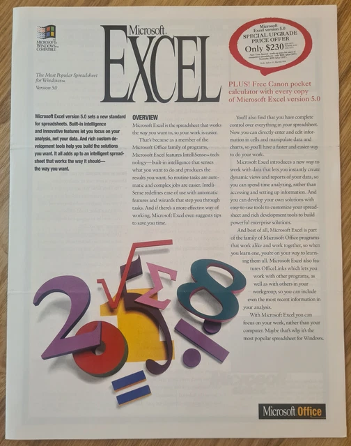 MICROSOFT EXCEL V5.0 - Advertising Foldout Brochure (1993) $14.95 ...