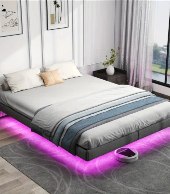 MODERN HEAVY DUTY Steel Double King Bed Frame with LED Lights & Under ...