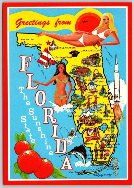 POSTCARD GREETINGS FROM Florida Sunshine State Cartoon Map Pretty Women ...