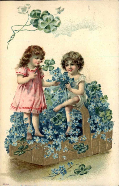 ART NOUVEAU LITTLE Boy and Girl Giant Basket of Flowers c1910 Vintage Postcard £7.93 - PicClick UK