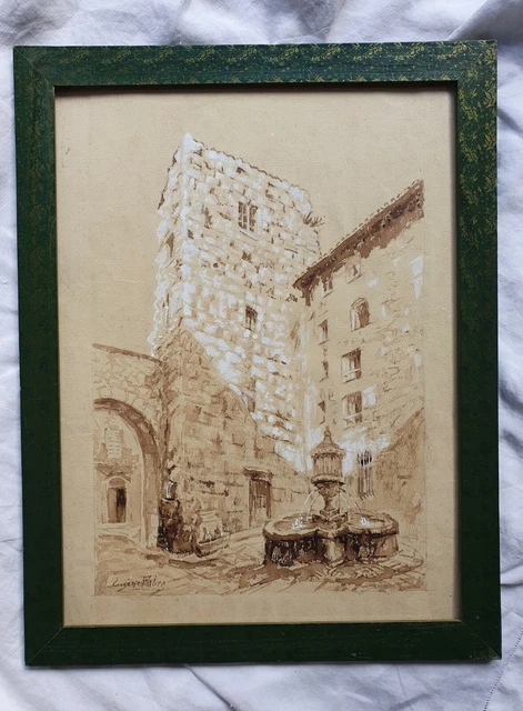 TABLEAU AQUARELLE ANCIEN la fontaine de saint paul de vence signé ...