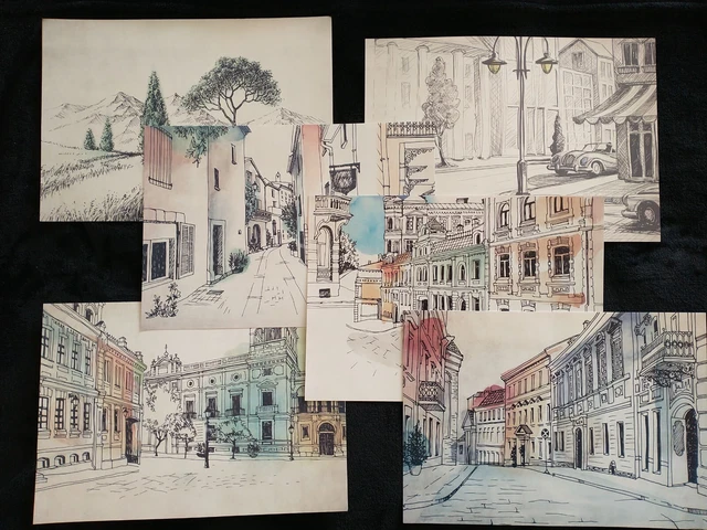 CRAFT BUNDLE*6X A4 sketch style street scenes*quality card*scrapbook ...
