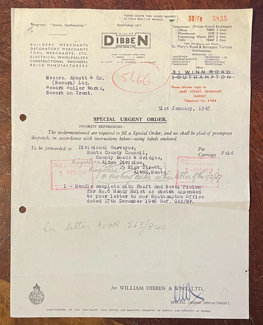 1947 WILLIAM DIBBEN & Sons, Builders Merchants, Farnham, Surrey Letter ...