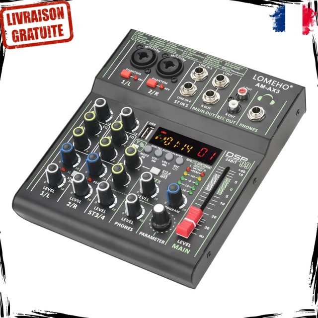 TABLE DE MIXAGE 4 Canaux Audio 99 Effets DSP Bluetooth USB Alim Fantôme ...