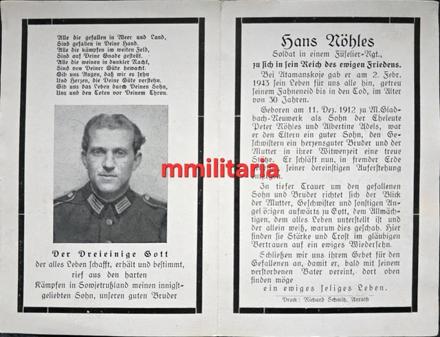 STERBEBILD WWII SCHÜTZE Mönchengladbach 11. Komp. Füsilier Regt. 39 ...