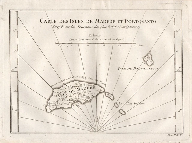MADEIRA ISLAND ILHA Atlantic Ocean Isola Santo Mappa Mapa Bellin 1750 ...