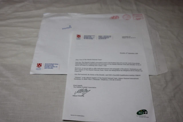 LOTE OFICIAL SELECCIÓN de Dinamarca (DBU 1998) -Carta Firmada Francia ...