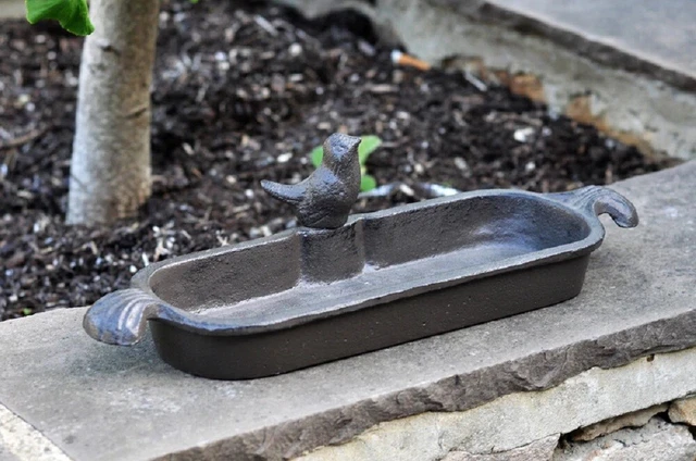BROWN HEAVY CAST Iron Trough Bird Bath Birdbath w Single Bird £29.99 ...