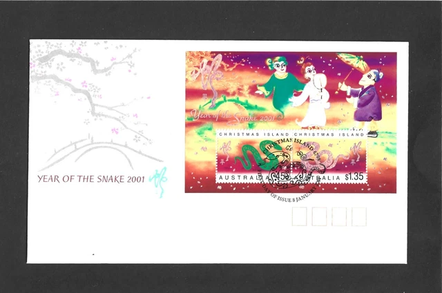 CHRISTMAS ISLAND 2001 Year of the Snake Mini Sheet FDC Unaddressed $2. ...