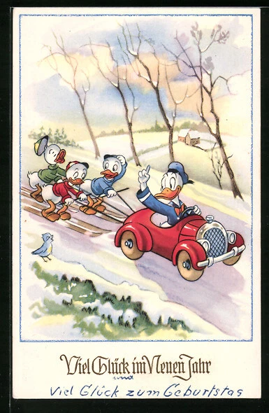 KÜNSTLER-AK DONALD DUCK zieht seine Neffen auf Skiern über eine Straße ...