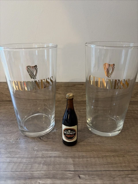 GUINNESS PINT GLASSES Set of 2 + Mini Guinness Bottle Collectable ...