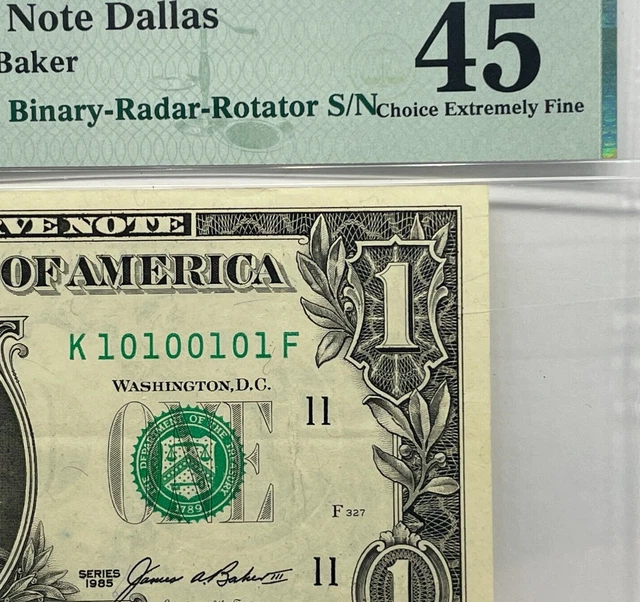 TRUE BINARY RADAR Fancy Serial Number One Dollar Bill K10100101F 0s 1s ...