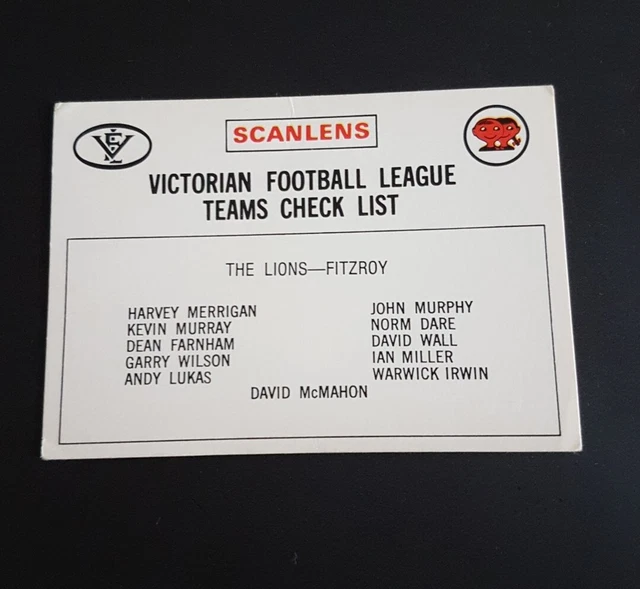 1975 FITZROY LIONS Scanlens VFL / AFL Checklist Card Unmarked - White ...