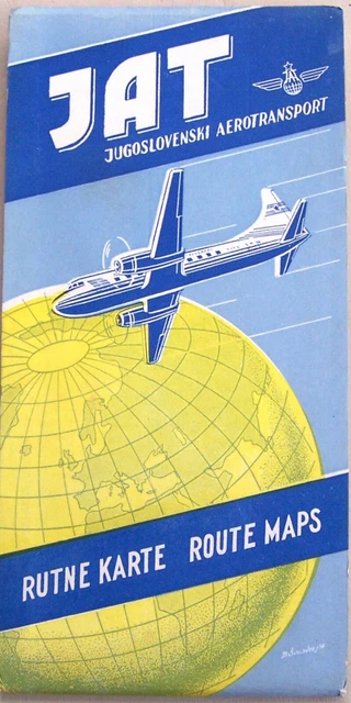 JAT JUGOSLOVENSKI AERO TRANSPORT 1958 carte routière lignes aériennes ...
