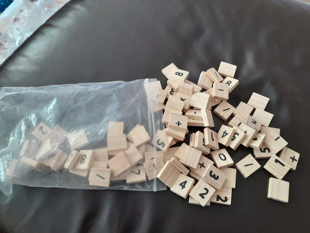96 WOODEN ‘SCRABBLE’ Tiles Numbers & Math Symbols Please Read ...