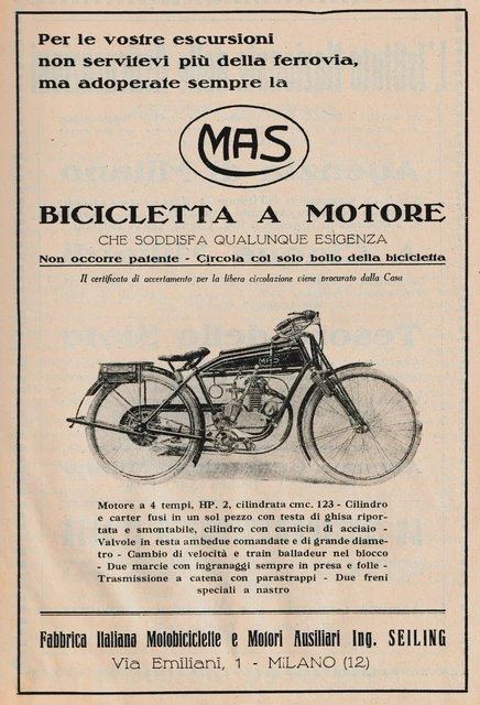 PUBBLICITA' 1924 BICICLETTA Motore Mas Ing.seiling.milano ...