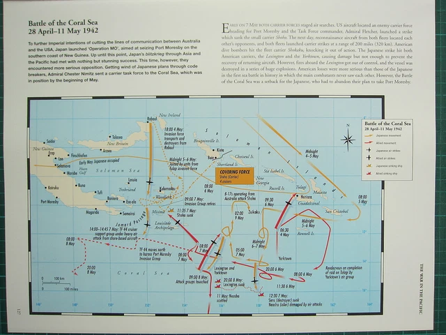 WW2 WWII MAP ~ Battle Of The Coral Sea 28 Apr-11 May 1942 Movements Air ...