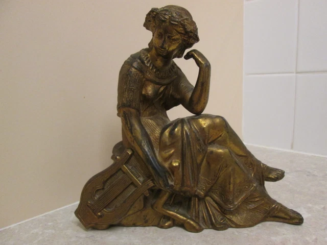 VICTORIAN LARGE BRONZED Spelter Figure Of A Lady With Lyre C.1900 £19. ...