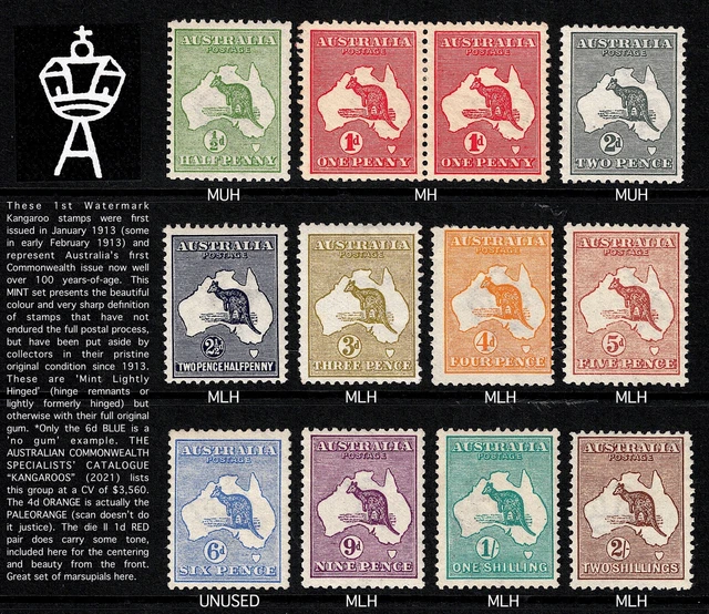 1ST WATERMARK KANGAROO STAMPS 1913 MINT LIGHT HINGED WITH GUM* ~ 2021 ...