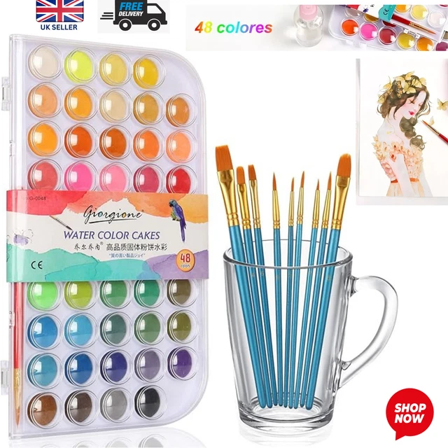 48 WATERCOLOUR PAINT Block Set With 10x Paint Brushes Artist Art/Craft ...