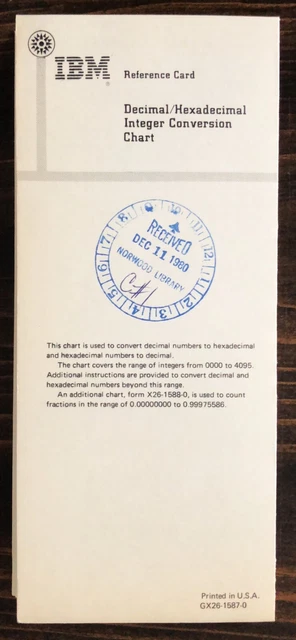 IBM - DECIMAL/HEXADECIMAL Integer Conversion Chart Reference Card £2.46 ...