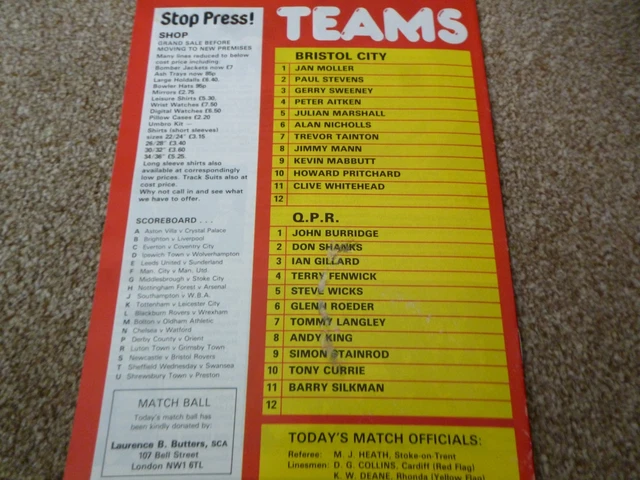 BRISTOL CITY V Queens Park Rangers Qpr Saturday 21St February 1981 ...