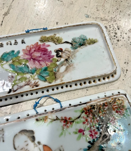 THREE OLD CHINESE famille rose enameled Qianjiang porcelain plaques £ ...