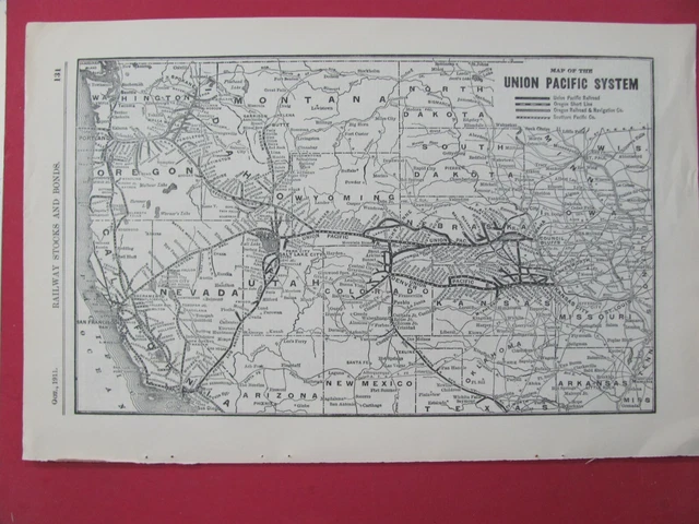 1911 UNION PACIFIC Railroad Original System Map Route Stations Up Rr ...