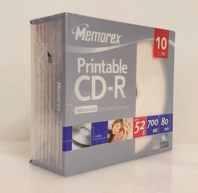 MEMOREX CD-R PRINTABLE 10 Pack 700mb 52x 80 min with cases *NEW* £14.99 ...
