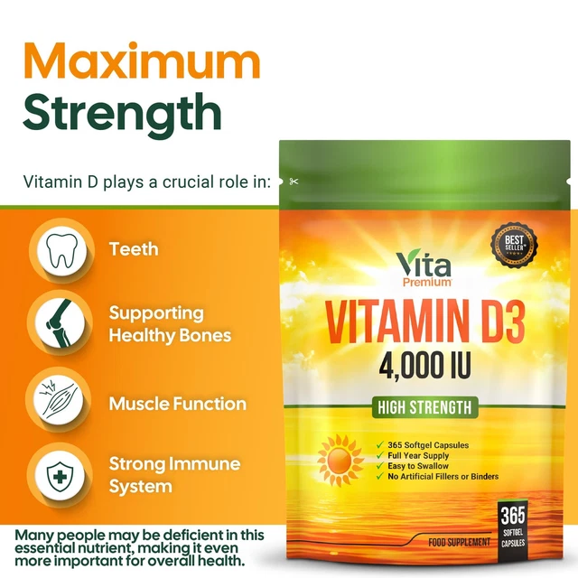 VITAMIN D 40 IU Softgels Maximum Strength Vitamin D3 Supplement 365 ...