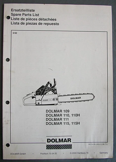 DOLMAR CHAINSAW ILLUSTRATED Parts Manual Models 109 110 110H 111 115 ...