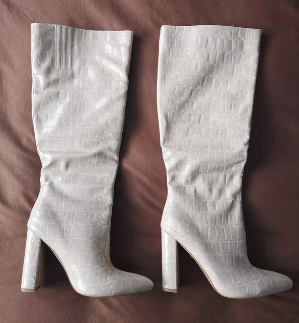 WOMENS PLT Beige High Heel Slip On Croc Design Faux Leather Boots Size ...