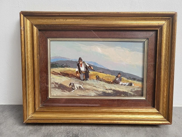 TABLEAU PEINTURE CADRE Scene De Chasse 2 Chasseurs Avec 3 Chiens Signe ...