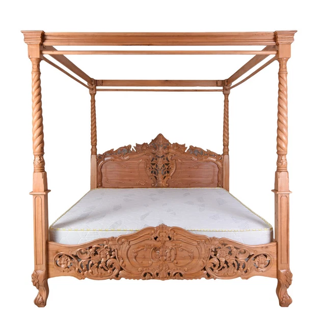 FOUR POSTER BED Antique Mahogany Wood Bed Double Bed Canopy Columns ...