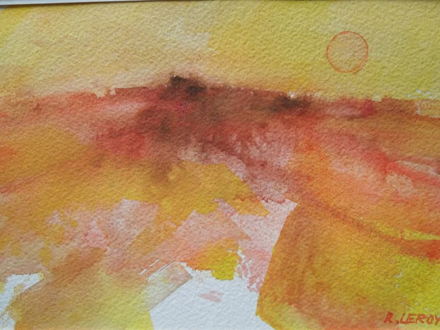TABLEAU AQUARELLE RENÉ Leroy Peintre Breton Coucher Soleil Rive Dorée ...
