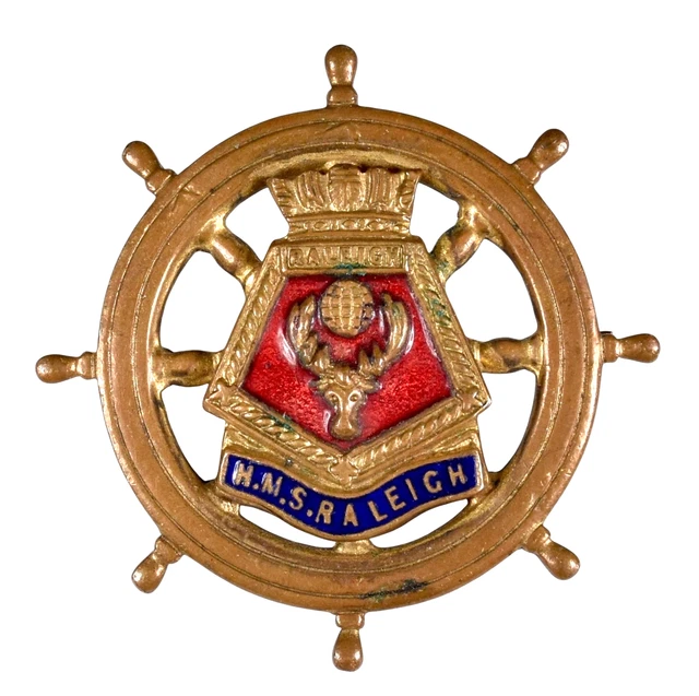 VINTAGE OLD ROYAL Navy HMS Raleigh Ships Wheel Sweetheart Enamel Brooch ...