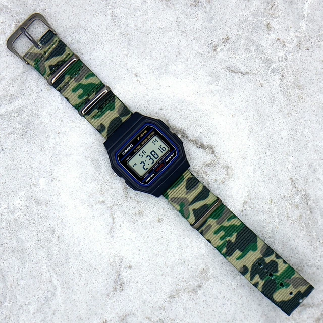 CASIO F-91W WATCH on a jungle camo Ballistic Nylon Strap, F-91W-1YEF £ ...